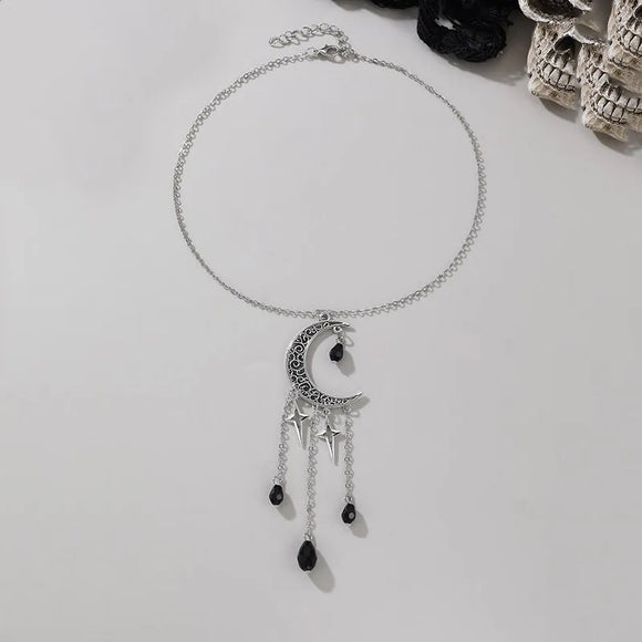 AZ323 Silver Color Moon with Black Gems Necklace with FREE EARRINGS