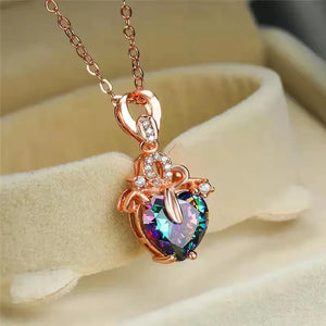 AZ344B Rose Gold Color Multi Color Gem Heart Necklace with FREE EARRINGS