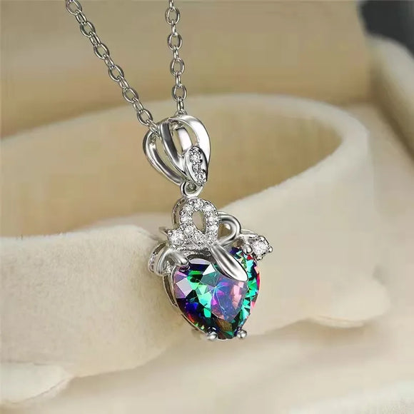 AZ342B Silver Color Multi Color Gem Heart Necklace with FREE EARRINGS