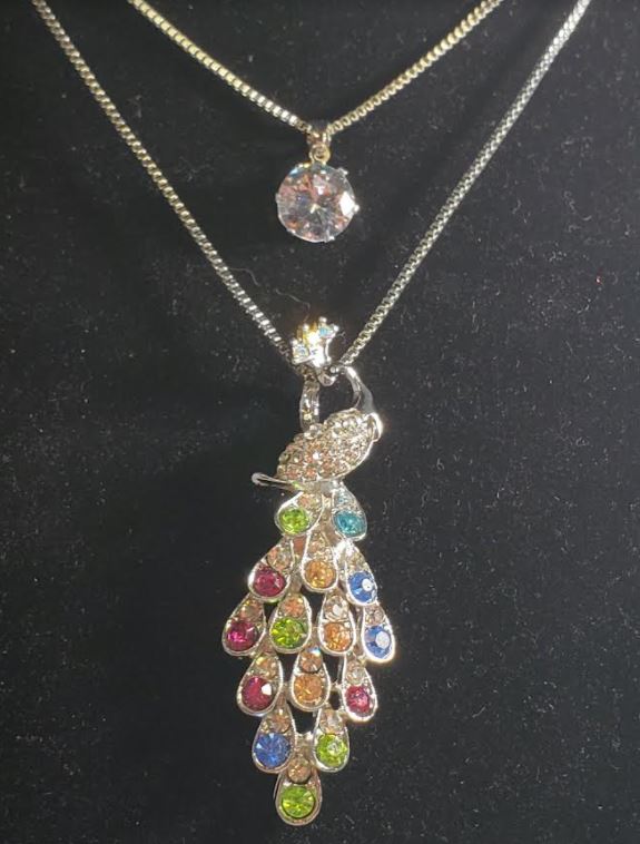 N1628 Silver Multi Color Rhinestone Peacock Necklace with FREE Earrings
