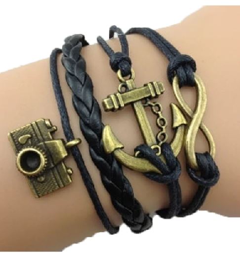 AZ1283 Black Anchor Camera Infinity Leather Layer Bracelet